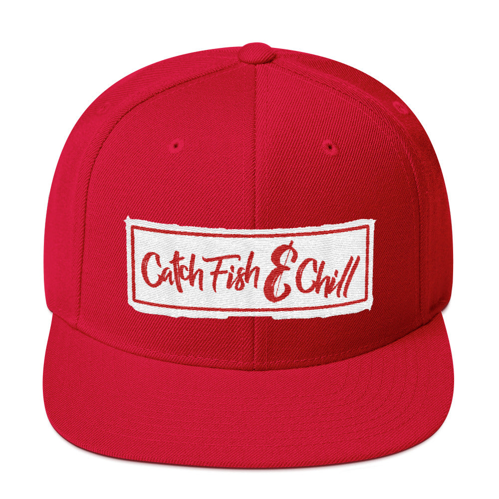 CATCH FISH & CHILL BOX LOGO RED FLAT BILL WOOL SNAP BACK