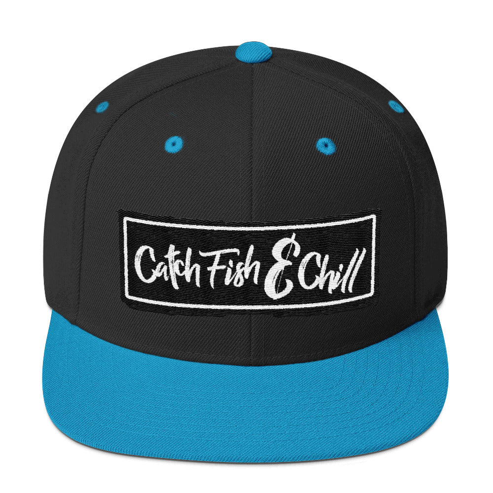 CATCH FISH & CHILL BOX LOGO BLACK FLAT BILL WOOL SNAP BACK